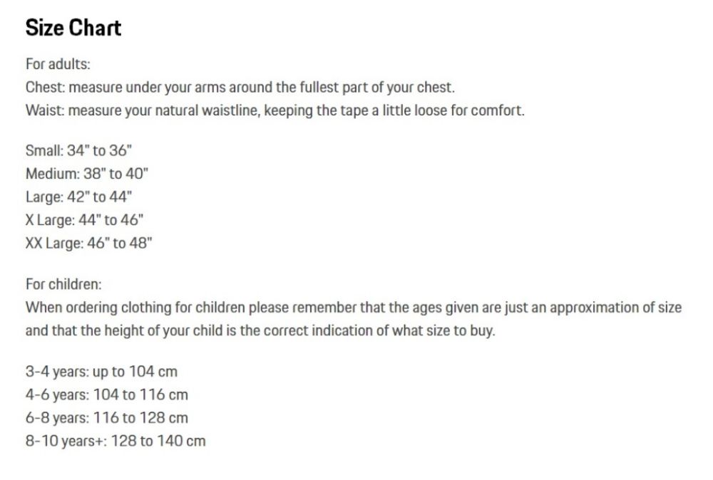 Size Chart. Porsche Centre Brighton Shop